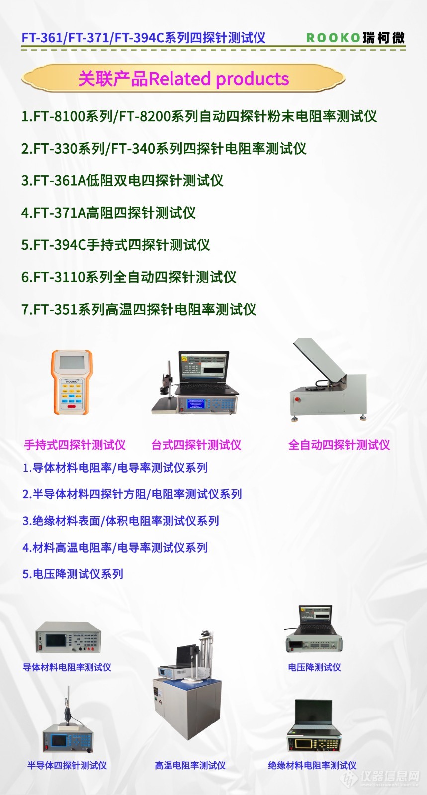 瑞柯微 FT-361/371/394C 四探针测试仪 低阻 / 高阻 / 手持全覆盖 硅片半导体_参数_价格-仪器信息网